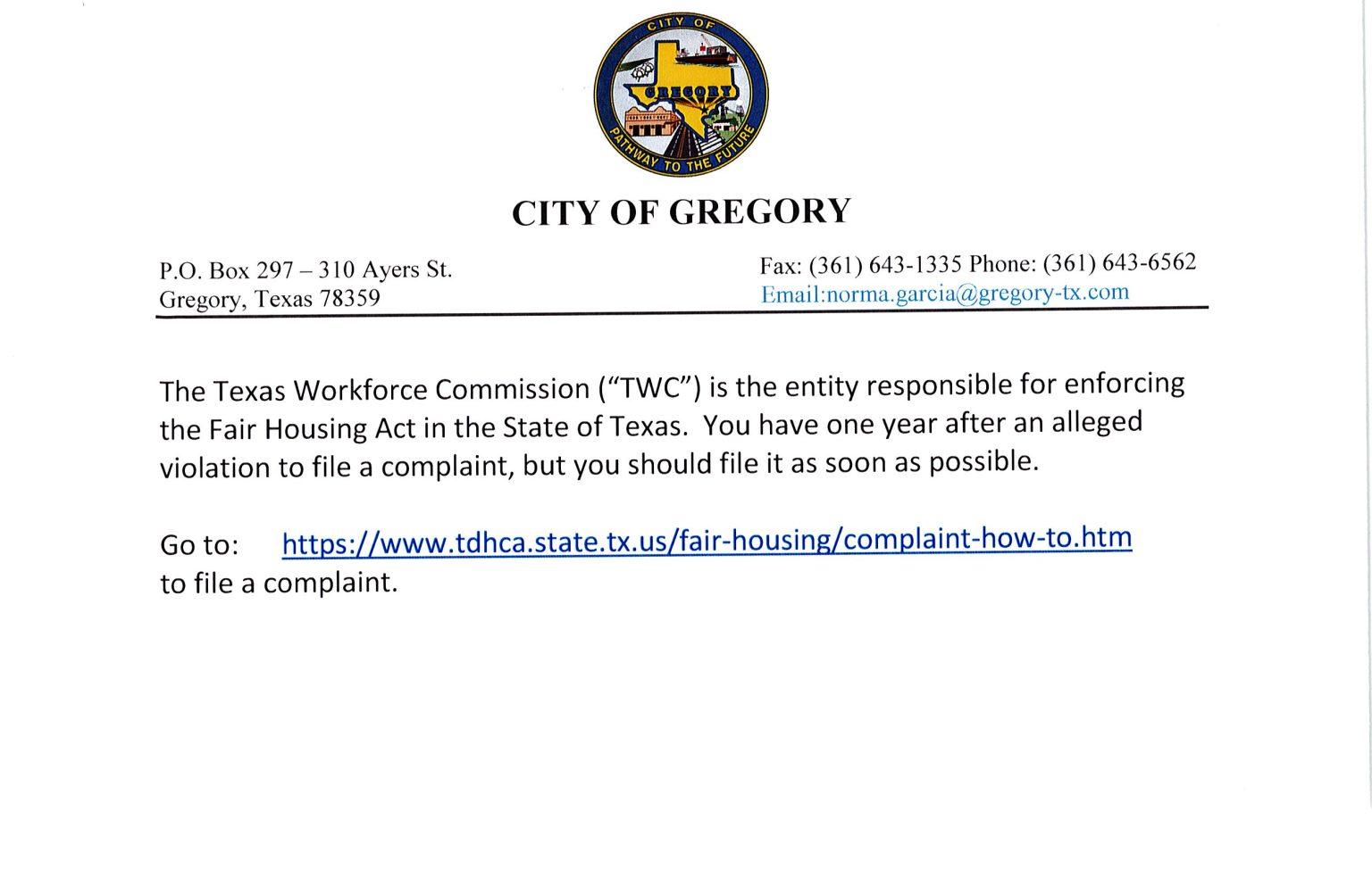 Welcome To The City Of Gregory Texas